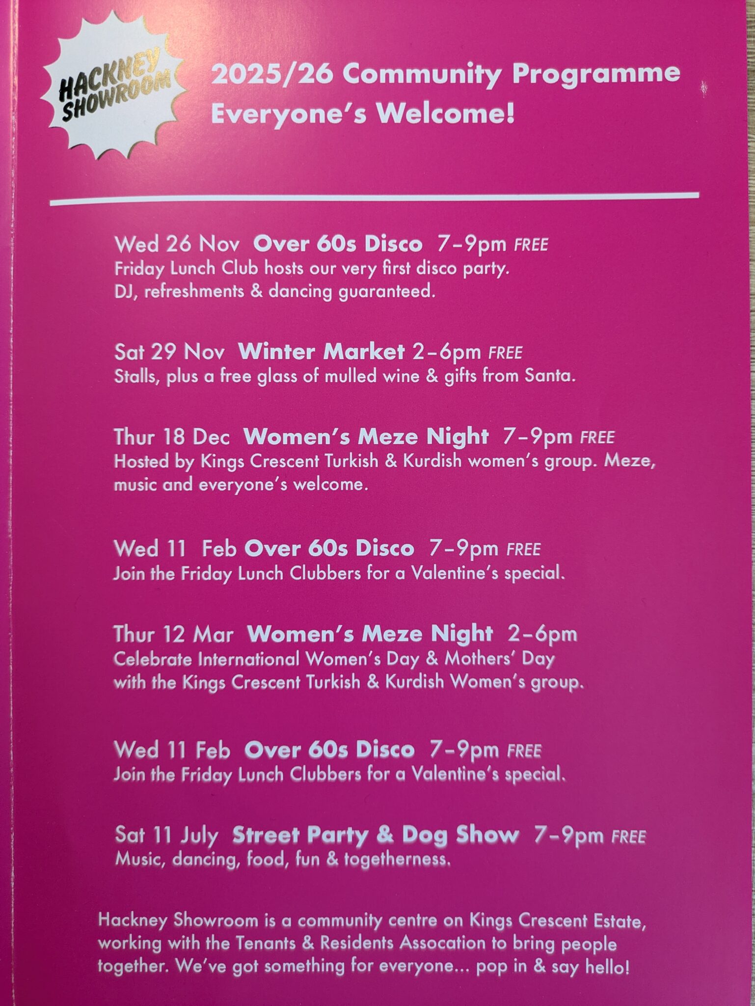 Upcoming Events at Hackney Showroom - Kings Crescent